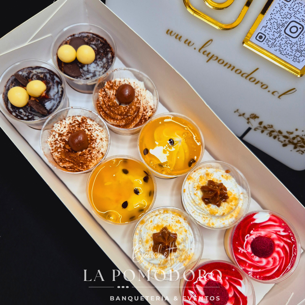 10 shot de postres 5 variedades (mousse tres chocolate, suspiro de ...
